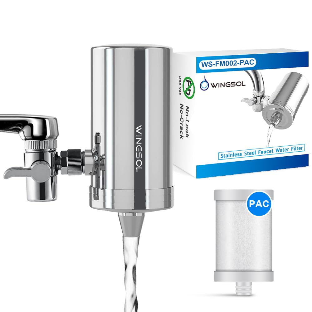 WINGSOL Stainless-Steel Faucet Water Filter, Faucet Mount Water Filtration System, Tap Water Filter, Reduce Heavy Metals, Chlorine and Bad Taste, 320G Long Lasting -1 Filter Included