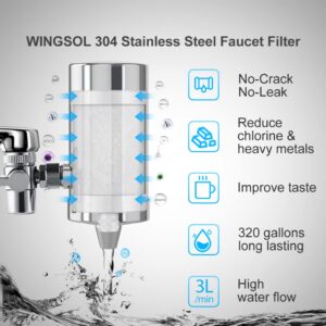 WINGSOL Stainless-Steel Faucet Water Filter, Faucet Mount Water Filtration System, Tap Water Filter, Reduce Heavy Metals, Chlorine and Bad Taste, 320G Long Lasting -1 Filter Included