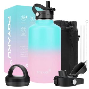 water bottle insulated 64 oz- straw lid and auto spout lid, leak proof, vacuum insulated, large metal stainless steel water jug half gallon wide mouth for sports, gym, keep cold 24h hot 12h