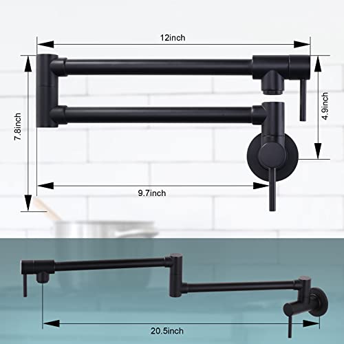 Aleasha Brass Made Pot Filler, Matte Black Pot Filler Faucet, Wall Mount Folding Kitchen Sink Pot Filler Faucets, Retractable Single Hole Pot Filler with Two Handles for Sink Stove