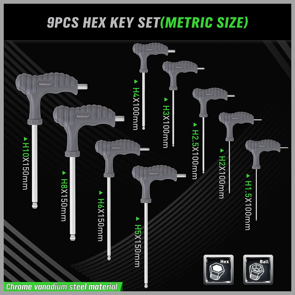 SWANLAKE 18-Piece T-Handle allen wrench set, Inch/Metric Long Arm Ball End Hex Key Wrench Set, MM(1.5mm-10mm) SAE(1/16"-3/8")