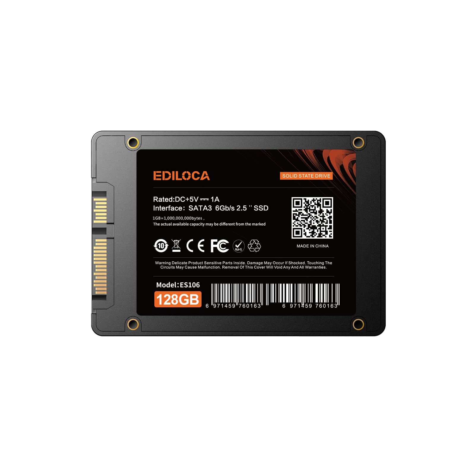 Ediloca ES106 128GB SSD SATA III 2.5" 3D TLC NAND Flash Internal Hard Drive, Up to 500MB/s Read, Upgrade PC or Laptop Memory and Storage(Black)