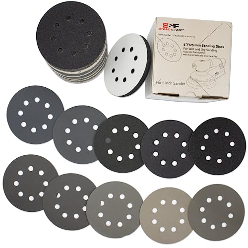 S&F STEAD & FAST 5 inch Sanding Discs Hook and Loop Wet Dry 100pcs, Orbital Sander Sandpaper 80 180 220 400 600 800 1000 1500 2000 3000 Grit, Silicon Carbide Sandpaper 8 Holes