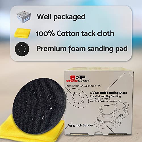 S&F STEAD & FAST 5 inch Sanding Discs Hook and Loop Wet Dry 100pcs, Orbital Sander Sandpaper 80 180 220 400 600 800 1000 1500 2000 3000 Grit, Silicon Carbide Sandpaper 8 Holes