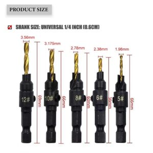 Countersink Drill Bit Set for Wood Working, 5 PCS Titanium Coated Countersink Bits 1/4-inch Hex Shank Wood Drill Bit Set, Quick Change Counter Sinker Drill Bit for Wood Carpentry Trim Tools