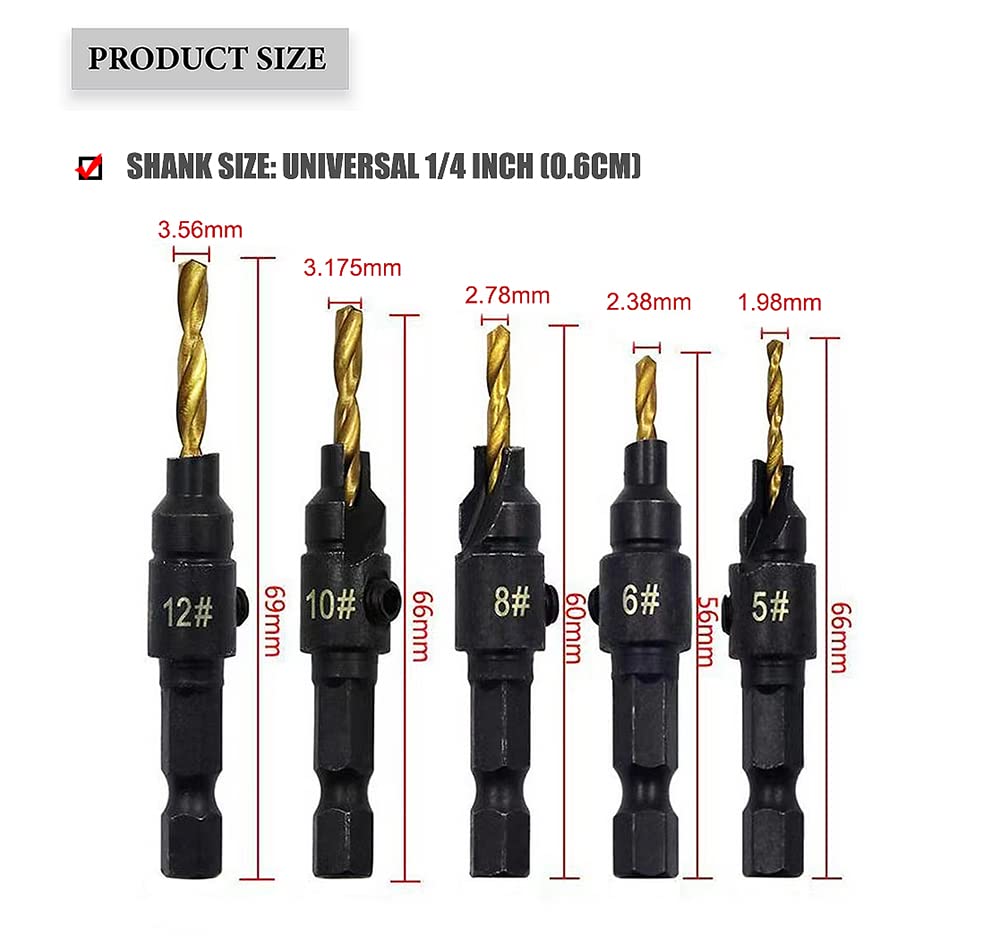 Countersink Drill Bit Set for Wood Working, 5 PCS Titanium Coated Countersink Bits 1/4-inch Hex Shank Wood Drill Bit Set, Quick Change Counter Sinker Drill Bit for Wood Carpentry Trim Tools