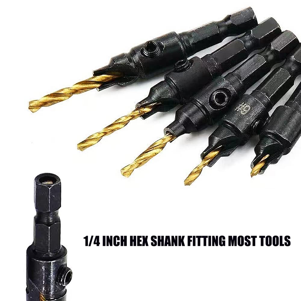 Countersink Drill Bit Set for Wood Working, 5 PCS Titanium Coated Countersink Bits 1/4-inch Hex Shank Wood Drill Bit Set, Quick Change Counter Sinker Drill Bit for Wood Carpentry Trim Tools