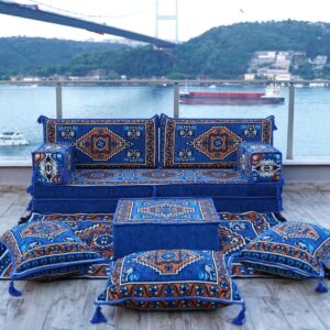 Royal Blue 8" Thickness Arabic Floor Sofa, Meditation Yoga Loveseat, Sectional Sofa, Arabic Majilis, Healing Room Floor Cushion, Sofa Covers (Sofa Full Set)