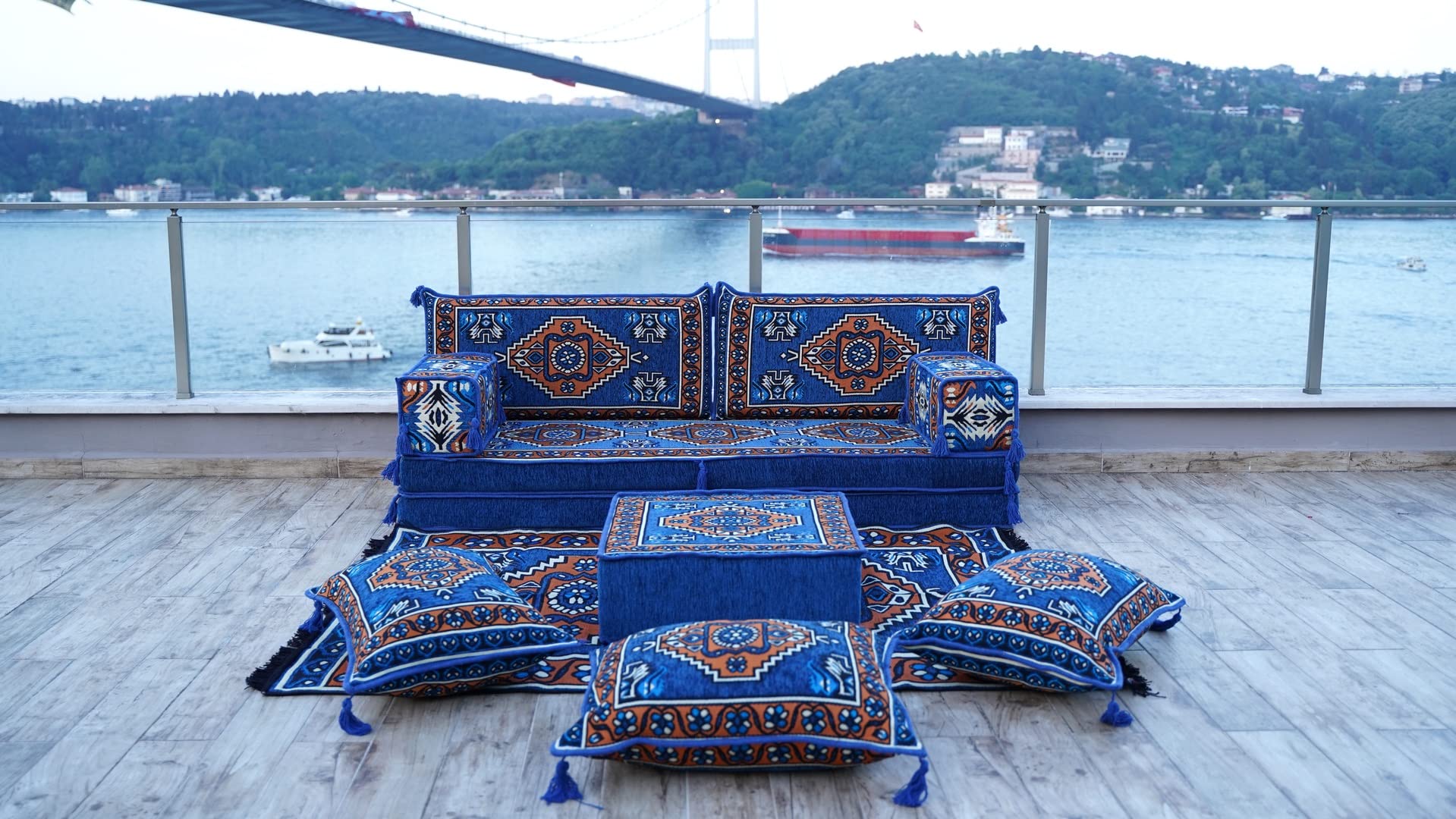 Royal Blue 8" Thickness Arabic Floor Sofa, Meditation Yoga Loveseat, Sectional Sofa, Arabic Majilis, Healing Room Floor Cushion, Sofa Covers (Sofa Full Set)