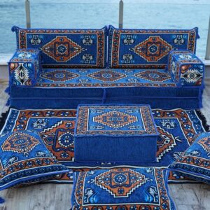 Royal Blue 8" Thickness Arabic Floor Sofa, Meditation Yoga Loveseat, Sectional Sofa, Arabic Majilis, Healing Room Floor Cushion, Sofa Covers (Sofa Full Set)