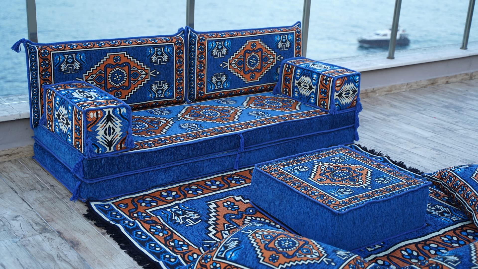 Royal Blue 8" Thickness Arabic Floor Sofa, Meditation Yoga Loveseat, Sectional Sofa, Arabic Majilis, Healing Room Floor Cushion, Sofa Covers (Sofa Full Set)