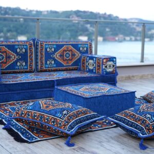 Royal Blue 8" Thickness Arabic Floor Sofa, Meditation Yoga Loveseat, Sectional Sofa, Arabic Majilis, Healing Room Floor Cushion, Sofa Covers (Sofa Full Set)