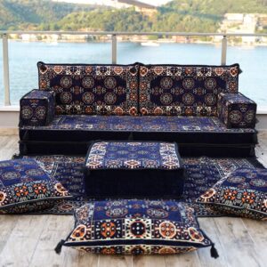 Navy Blue Moroccan Living Room Couch, Arabic Majlis Furniture, Patio Furniture, Handmade Wooden Bench, Arabic Majlis, Outdoor Bench, Outdoor Furniture, Sofa Covers (Sofa Full Set)