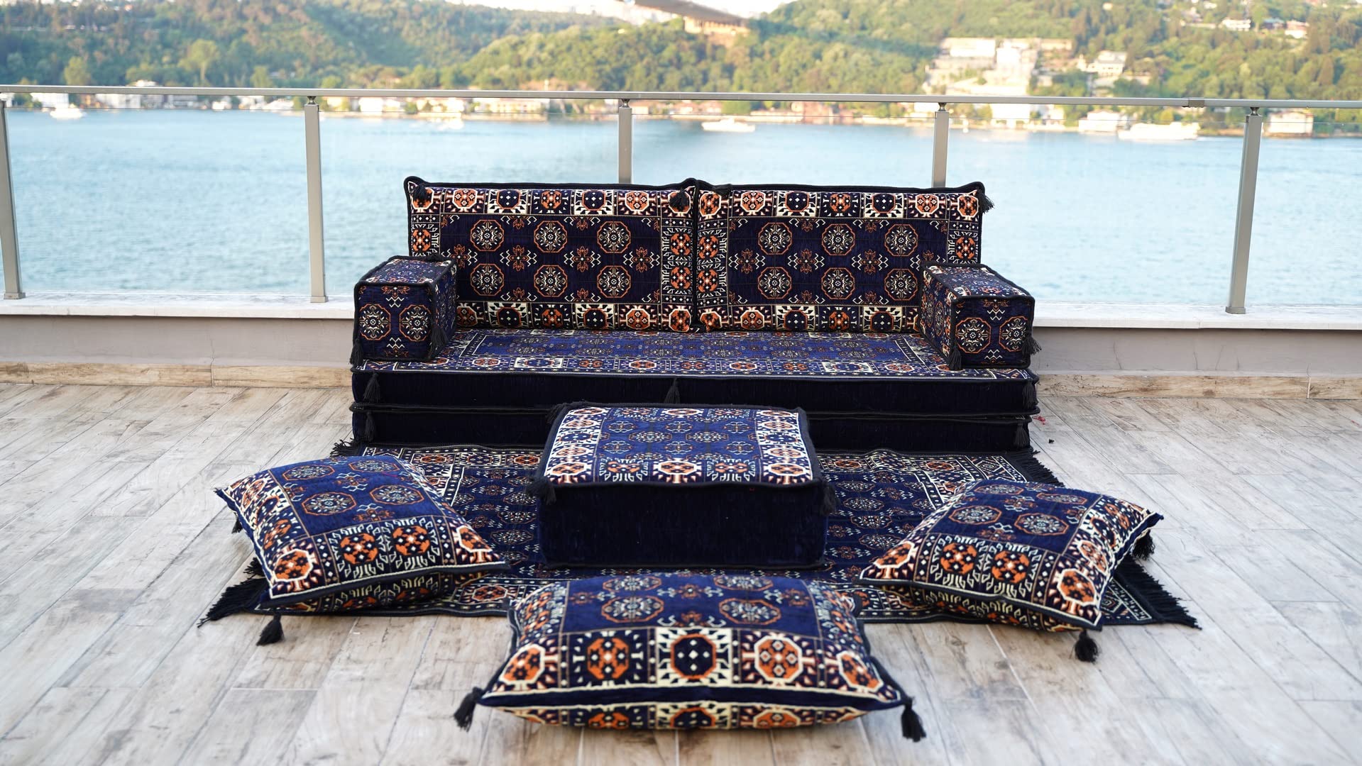 Navy Blue Moroccan Living Room Couch, Arabic Majlis Furniture, Patio Furniture, Handmade Wooden Bench, Arabic Majlis, Outdoor Bench, Outdoor Furniture, Sofa Covers (Sofa Full Set)