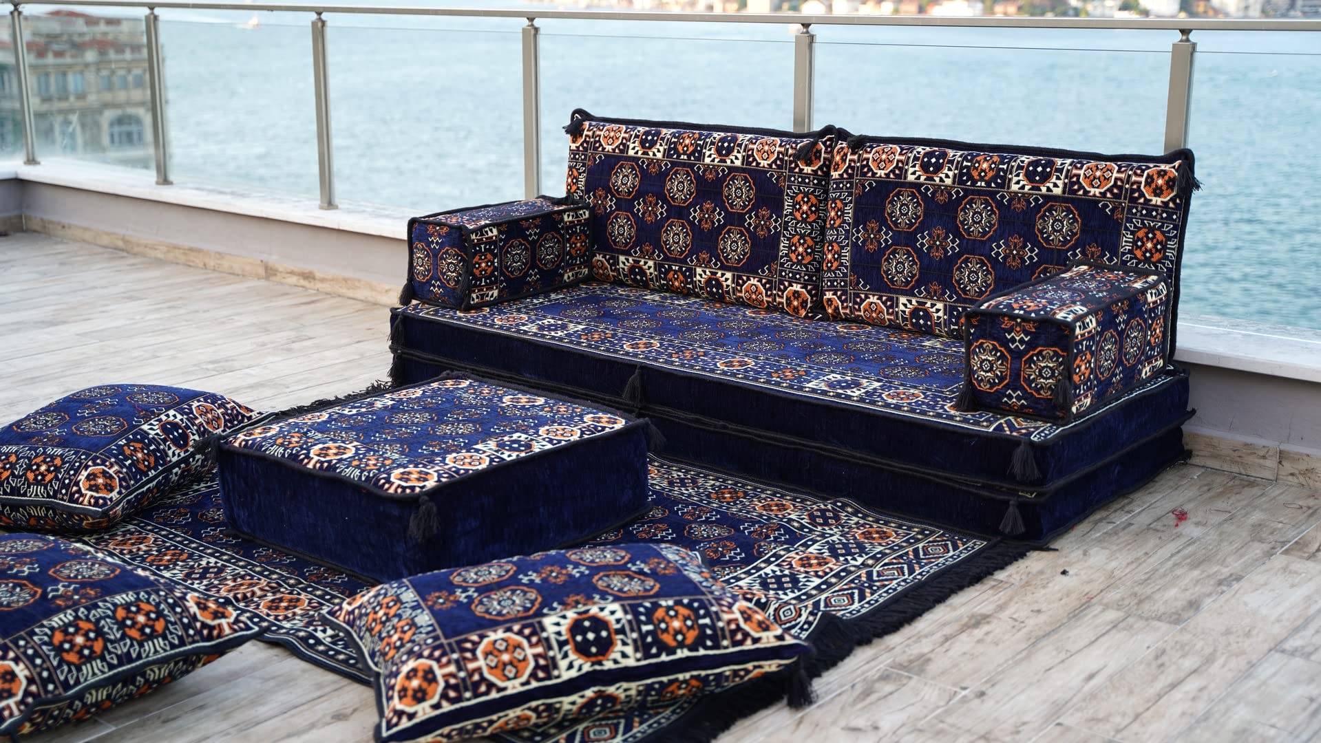 Navy Blue Moroccan Living Room Couch, Arabic Majlis Furniture, Patio Furniture, Handmade Wooden Bench, Arabic Majlis, Outdoor Bench, Outdoor Furniture, Sofa Covers (Sofa Full Set)