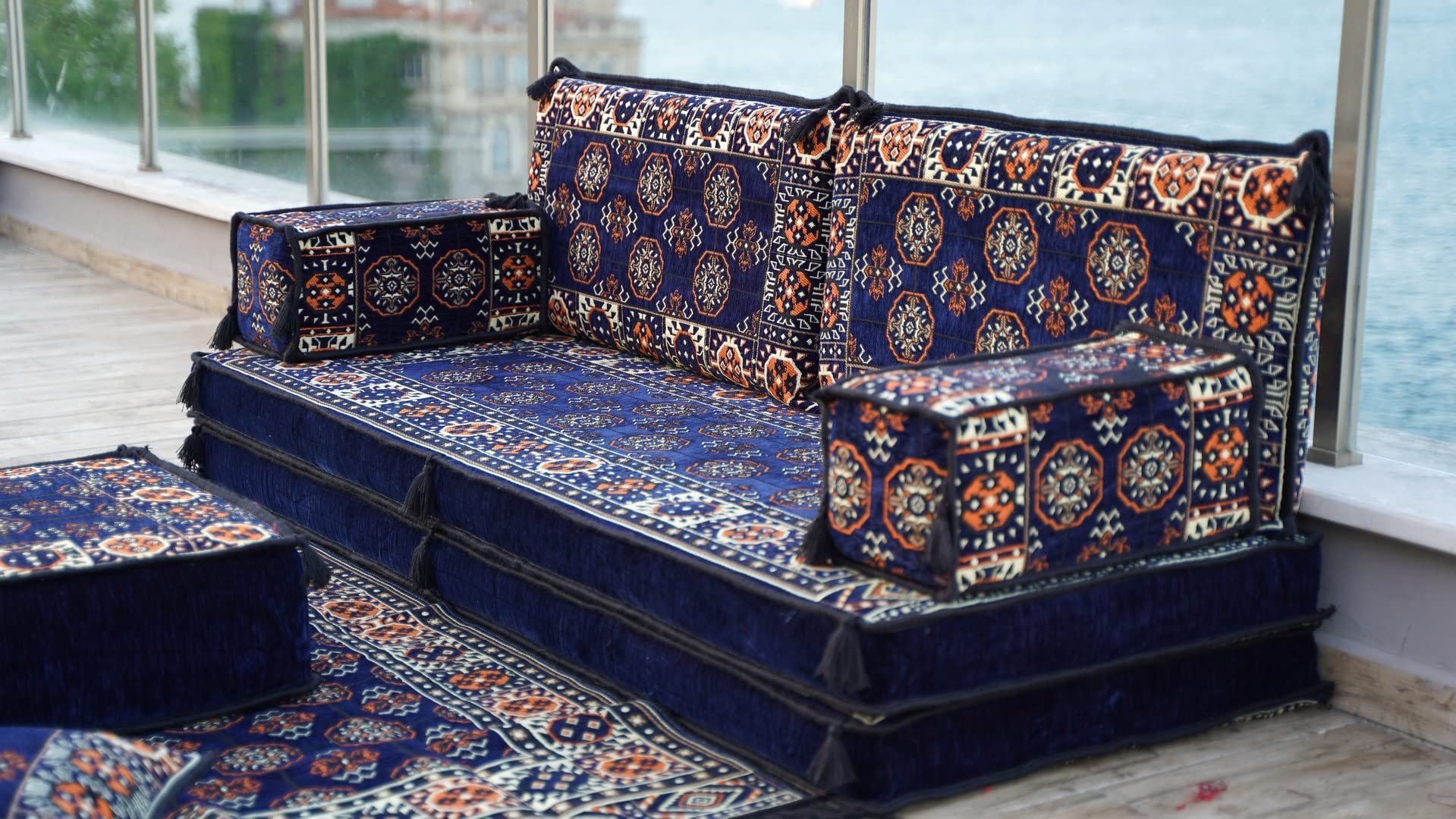 Navy Blue Moroccan Living Room Couch, Arabic Majlis Furniture, Patio Furniture, Handmade Wooden Bench, Arabic Majlis, Outdoor Bench, Outdoor Furniture, Sofa Covers (Sofa Full Set)