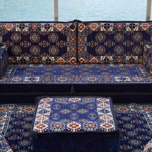 Navy Blue Moroccan Living Room Couch, Arabic Majlis Furniture, Patio Furniture, Handmade Wooden Bench, Arabic Majlis, Outdoor Bench, Outdoor Furniture, Sofa Covers (Sofa Full Set)