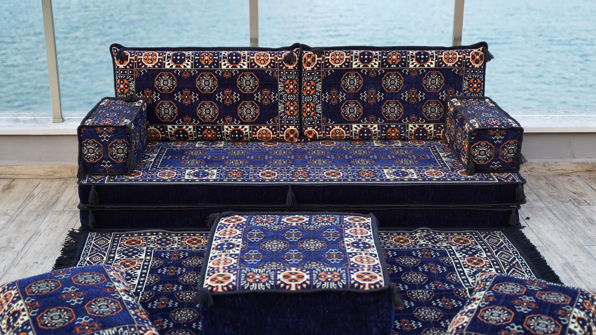 Navy Blue Moroccan Living Room Couch, Arabic Majlis Furniture, Patio Furniture, Handmade Wooden Bench, Arabic Majlis, Outdoor Bench, Outdoor Furniture, Sofa Covers (Sofa Full Set)