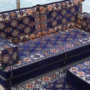 Navy Blue Moroccan Living Room Couch, Arabic Majlis Furniture, Patio Furniture, Handmade Wooden Bench, Arabic Majlis, Outdoor Bench, Outdoor Furniture, Sofa Covers (Sofa Full Set)