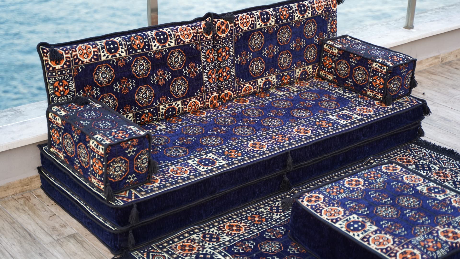 Navy Blue Moroccan Living Room Couch, Arabic Majlis Furniture, Patio Furniture, Handmade Wooden Bench, Arabic Majlis, Outdoor Bench, Outdoor Furniture, Sofa Covers (Sofa Full Set)