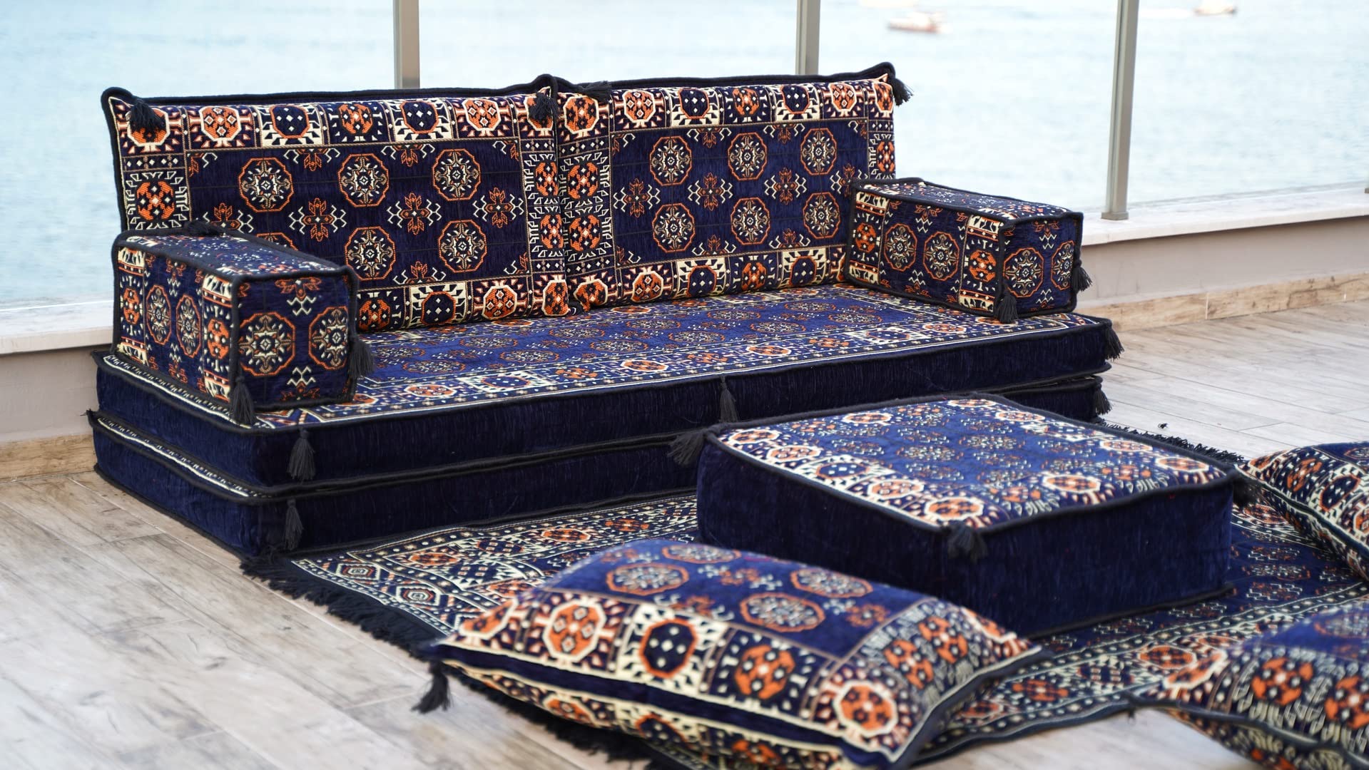 Navy Blue Moroccan Living Room Couch, Arabic Majlis Furniture, Patio Furniture, Handmade Wooden Bench, Arabic Majlis, Outdoor Bench, Outdoor Furniture, Sofa Covers (Sofa Full Set)