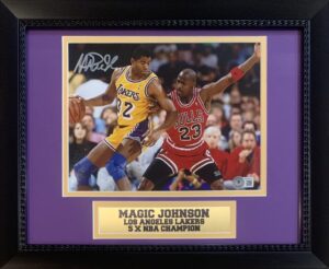 magic johnson autographed los angeles signed basketball 8x10 framed photo vs michael jordan beckett coa