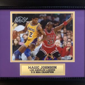 Magic Johnson Autographed Los Angeles Signed Basketball 8x10 Framed Photo vs Michael Jordan Beckett COA