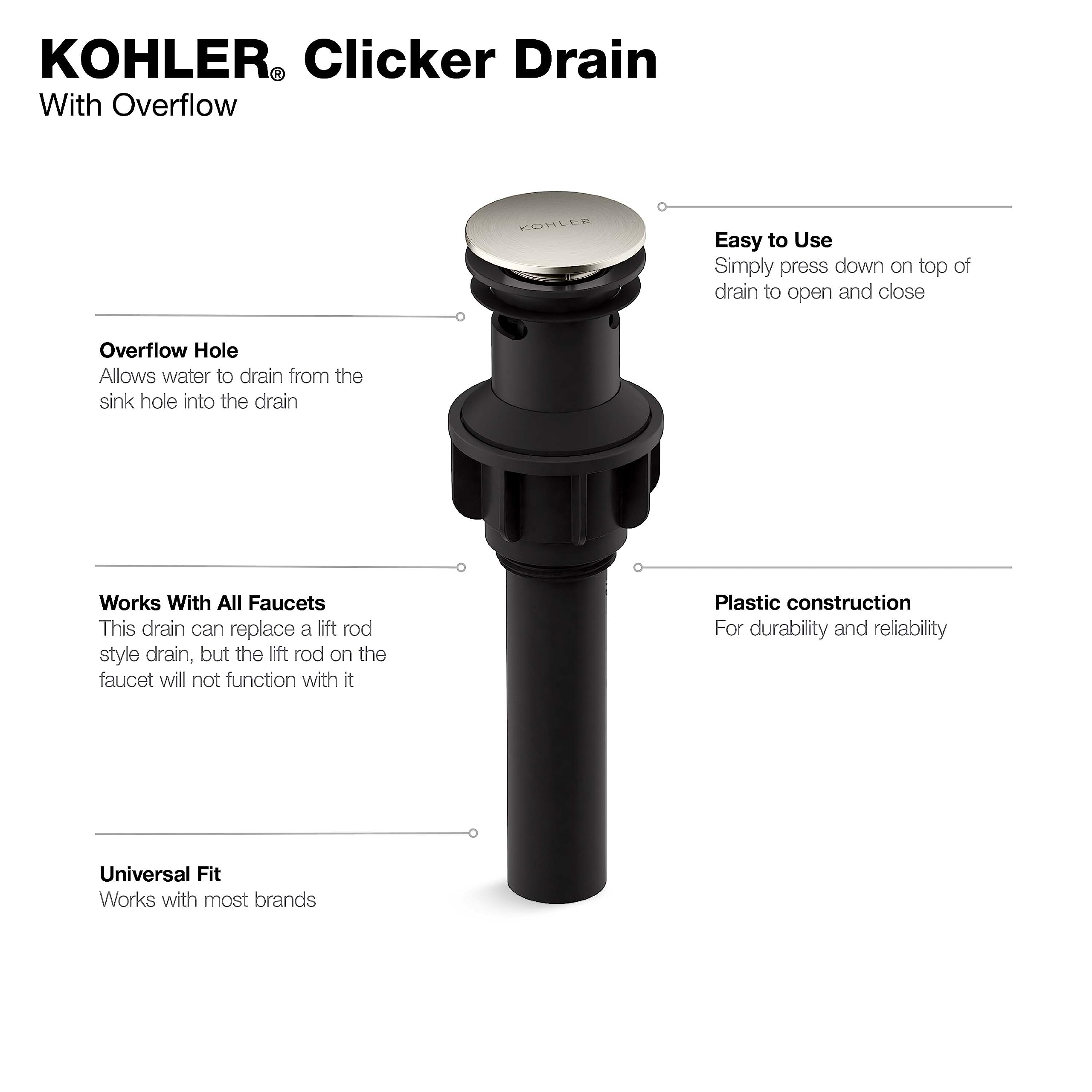 Kohler RH1274364-BN Bathtub Drain, ‎2.76 x 2.76 x 9.72 inches, Vibrant Brushed Nickel