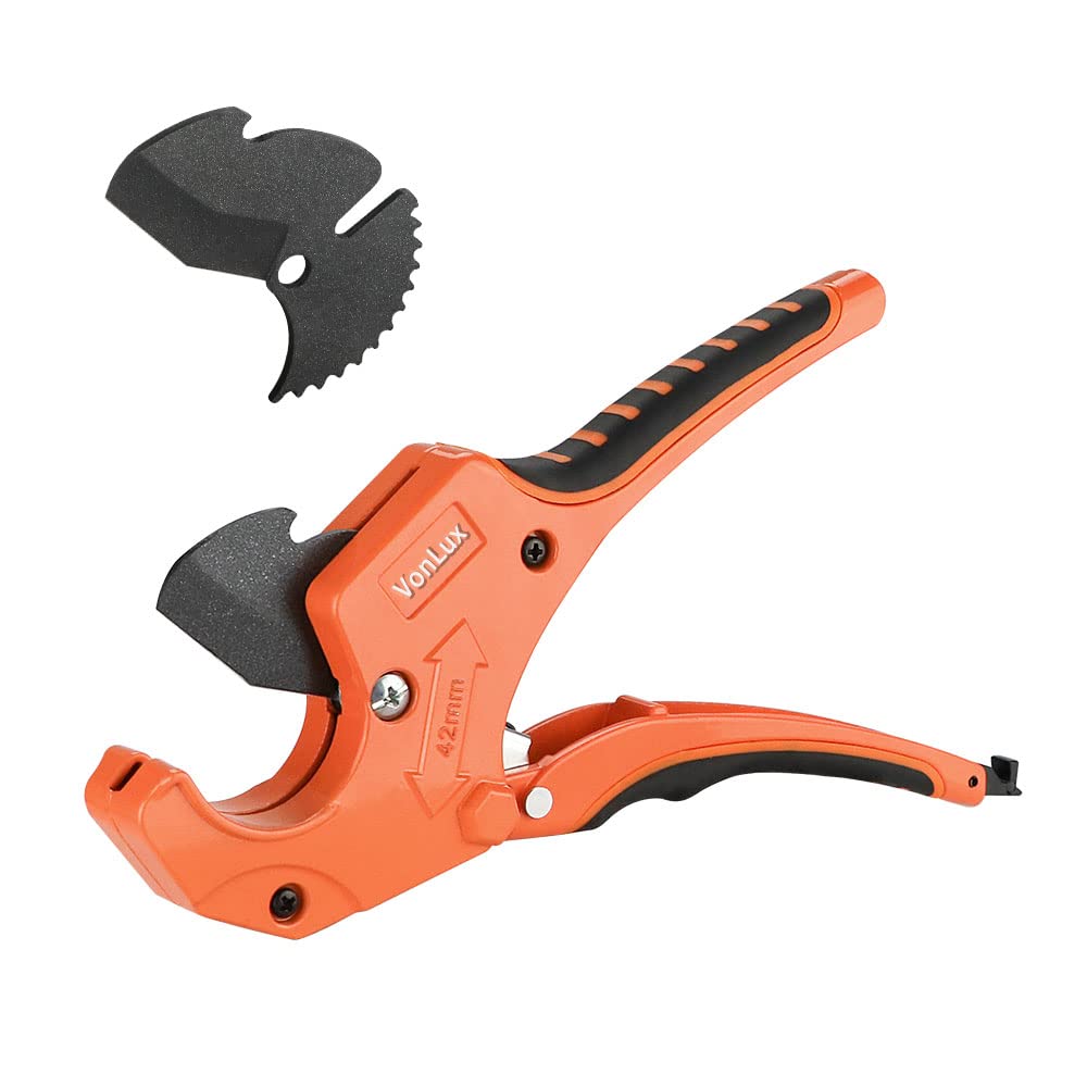 PVC Pipe Cutter, One-hand Ratchet Pipe Cutting Tool for PVC/PPR/PEX/Rubber Hose Cut up to 42mm, Plastic Pipe Tubing Cutter with Replacement SK5 Steel Blade, No Burrs