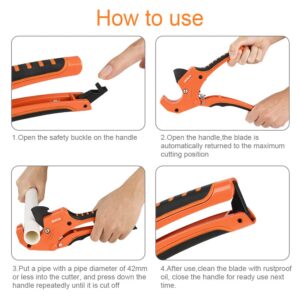 PVC Pipe Cutter, One-hand Ratchet Pipe Cutting Tool for PVC/PPR/PEX/Rubber Hose Cut up to 42mm, Plastic Pipe Tubing Cutter with Replacement SK5 Steel Blade, No Burrs