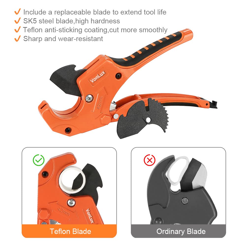 PVC Pipe Cutter, One-hand Ratchet Pipe Cutting Tool for PVC/PPR/PEX/Rubber Hose Cut up to 42mm, Plastic Pipe Tubing Cutter with Replacement SK5 Steel Blade, No Burrs