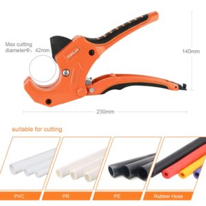 PVC Pipe Cutter, One-hand Ratchet Pipe Cutting Tool for PVC/PPR/PEX/Rubber Hose Cut up to 42mm, Plastic Pipe Tubing Cutter with Replacement SK5 Steel Blade, No Burrs