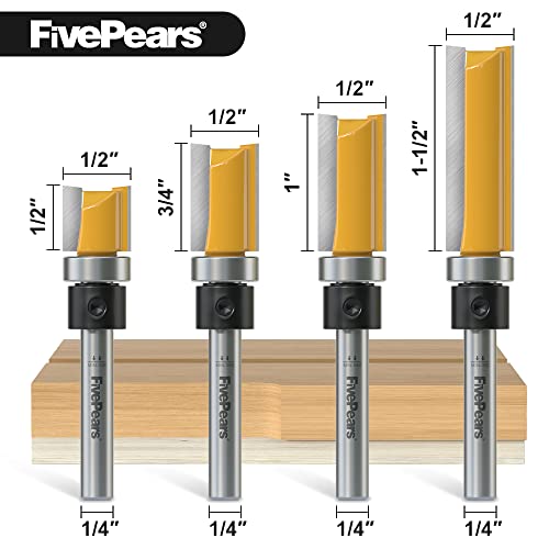 FivePears 4 PCS Pattern Flush Trim Router Bit Set 1/4 Inch Shank, Top Bearing Flush Cut Trim Router Bit for Woodworking, Cutting Diameter: 1/2", Cutting Length: 1/2", 3/4", 1", 1-1/2"