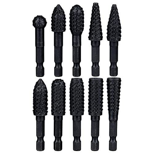 YAKAMOZ 10Pcs 1/4 Inch Hex Shank Rotary Rasp File Set Wood Carving Burrs Rasp Drill Bits DIY Woodworking Tool for Wood Polishing Deburring Shaping and Grooving