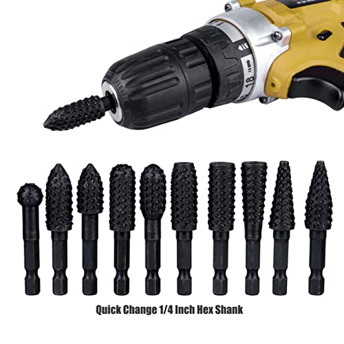 YAKAMOZ 10Pcs 1/4 Inch Hex Shank Rotary Rasp File Set Wood Carving Burrs Rasp Drill Bits DIY Woodworking Tool for Wood Polishing Deburring Shaping and Grooving