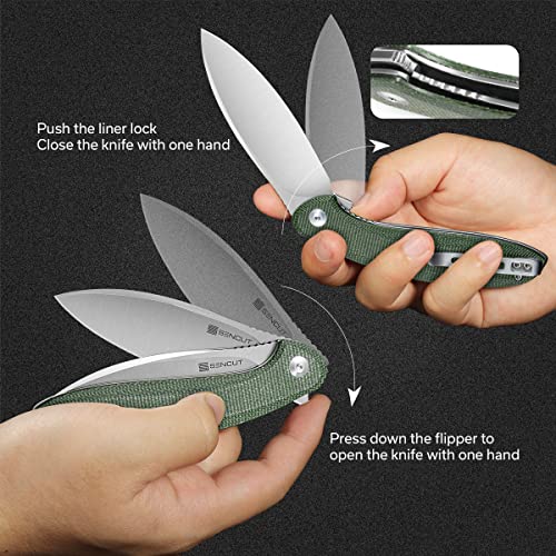 SENCUT San Angelo Pocket Knife Folding Knife for EDC, Green Micarta Handle Satin 9Cr18MoV Blade , Liner Lock Small Knife with Clip for Men Women, Lightweight Foldable Everyday Carry Knife for Indoor Outdoor Gift S21003-3