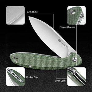 SENCUT San Angelo Pocket Knife Folding Knife for EDC, Green Micarta Handle Satin 9Cr18MoV Blade , Liner Lock Small Knife with Clip for Men Women, Lightweight Foldable Everyday Carry Knife for Indoor Outdoor Gift S21003-3