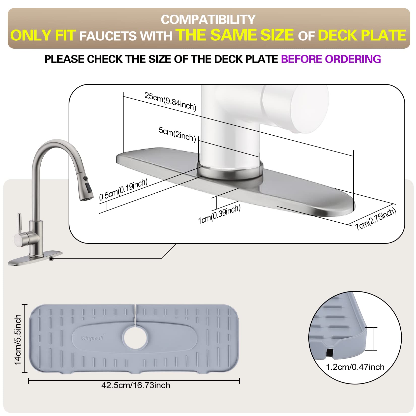 Silicone Faucet Mat, Kingmall Kitchen Faucet Mat Silicone Faucet Drip Catcher for Kitchen Faucet Drip Catcher Silicone Sink Mats, Tailor-Made for Faucets with 1cm(0.4 Inch) Deck Plate【Light Grey】