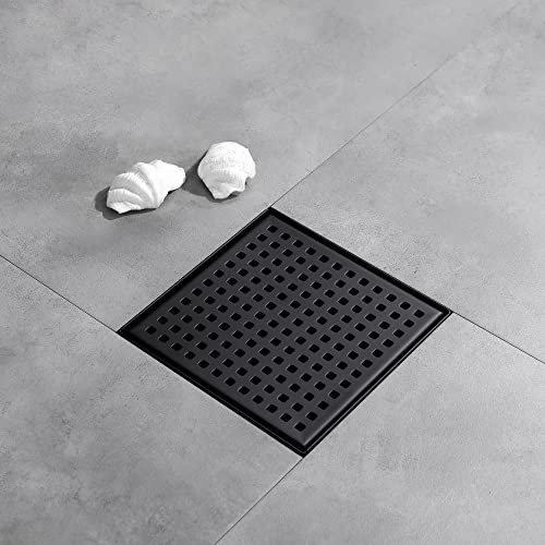 Fransiton 4 Inch Square Matte Black Shower Drain with Removable Quadrato Pattern Grate, 304 Stainless Steel Showe Floor Drain with CUPC Certified Includes Adjustable Leveling Feet, Hair Strainer