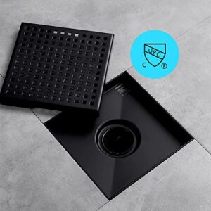 Fransiton 4 Inch Square Matte Black Shower Drain with Removable Quadrato Pattern Grate, 304 Stainless Steel Showe Floor Drain with CUPC Certified Includes Adjustable Leveling Feet, Hair Strainer