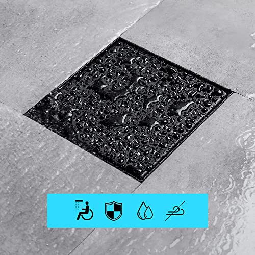 Fransiton 4 Inch Square Matte Black Shower Drain with Removable Quadrato Pattern Grate, 304 Stainless Steel Showe Floor Drain with CUPC Certified Includes Adjustable Leveling Feet, Hair Strainer