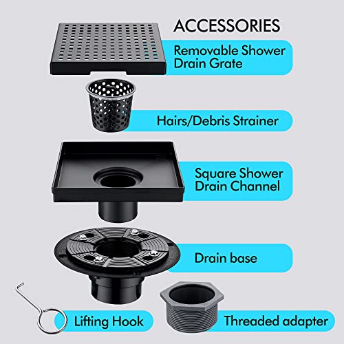 Fransiton 4 Inch Square Matte Black Shower Drain with Removable Quadrato Pattern Grate, 304 Stainless Steel Showe Floor Drain with CUPC Certified Includes Adjustable Leveling Feet, Hair Strainer