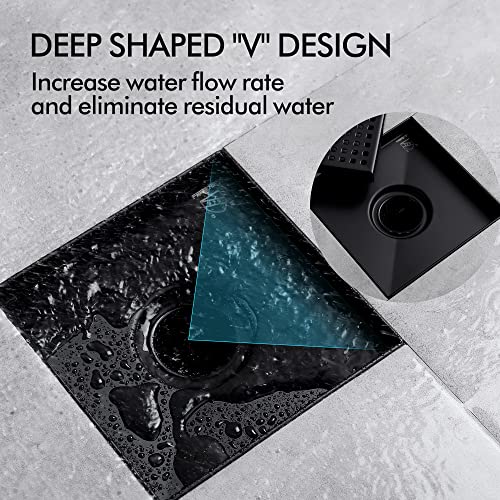 Fransiton 4 Inch Square Matte Black Shower Drain with Removable Quadrato Pattern Grate, 304 Stainless Steel Showe Floor Drain with CUPC Certified Includes Adjustable Leveling Feet, Hair Strainer