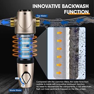 PUREPLUS Backwash Whole House Spin Down Sediment Water Filter With Scrapper 40 Micron, Reusable Flushable Pre-Filtration System for City/Tap water, 1" MNPT + 3/4" FNPT + 3/4"MNPT, Brass, BPA Free