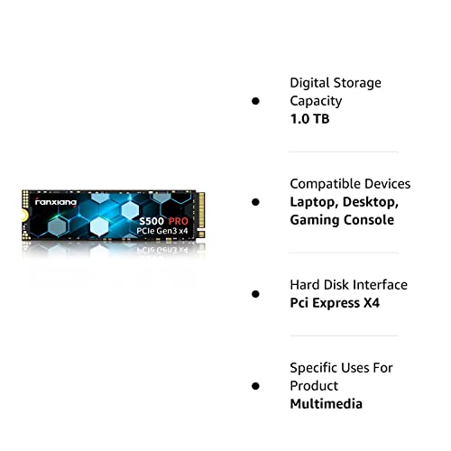 fanxiang S500 Pro 1TB NVMe SSD M.2 PCIe Gen3x4 2280 Internal Solid State Drive, SLC Cache 3D NAND TLC, Up to 3500MB/s, Compatible with Laptop and PC Desktops(Black)