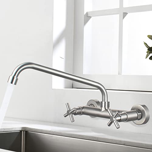 UMANYI Commercial Kitchen Faucets 8 inch Center Wall Mount Stainless Steel Brushed Nickel 2 Handle Utility Laundry Sink Faucet Bar Pre Faucet with 11" spout SSKF09-2LCW