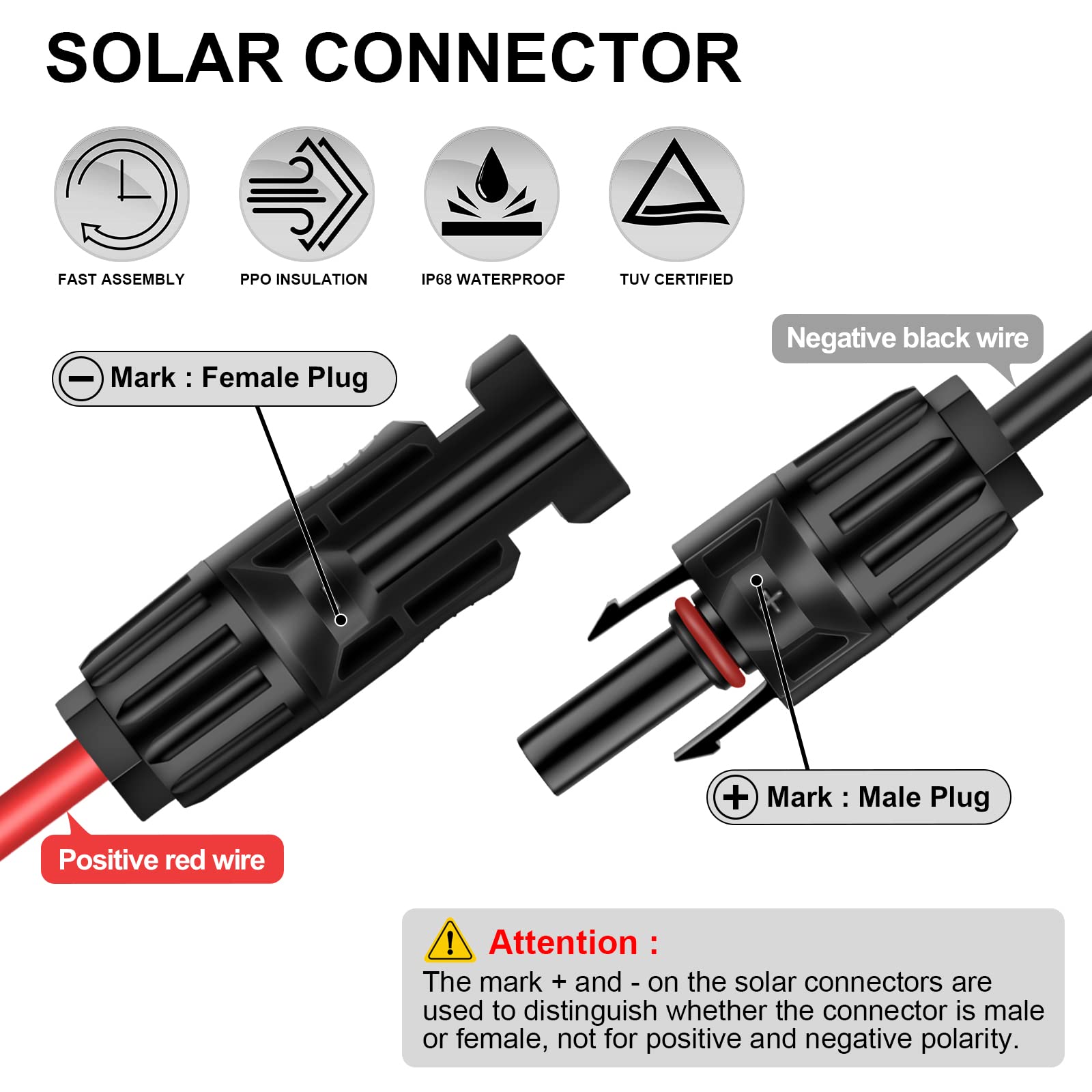 Shirbly Solar Panel Extension Cable - 15FT 10AWG(6mm²) Solar Panel Wire Twin with Female and Male Connector, Tinned Copper Wire for Home Boat RV Solar Panel Outdoor (10AWG 15FT)