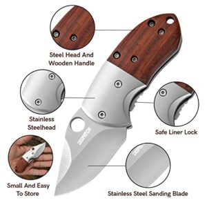 Dispatch Mini Folding Small Pocket Knife, Stainless Steel Sanding Blade and Steelhead EDC Tactical Tools with Wooden Handle, Everyday Carry, Unique Small Gift for Father-Mother Men Women