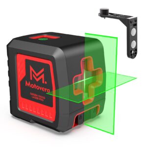 motovera laser level, 100 feet self leveling laser level, green cross line self leveling, 4 brightness adjustment, manual self leveling and pulse mode, ip54 waterproof battery carrying bag included