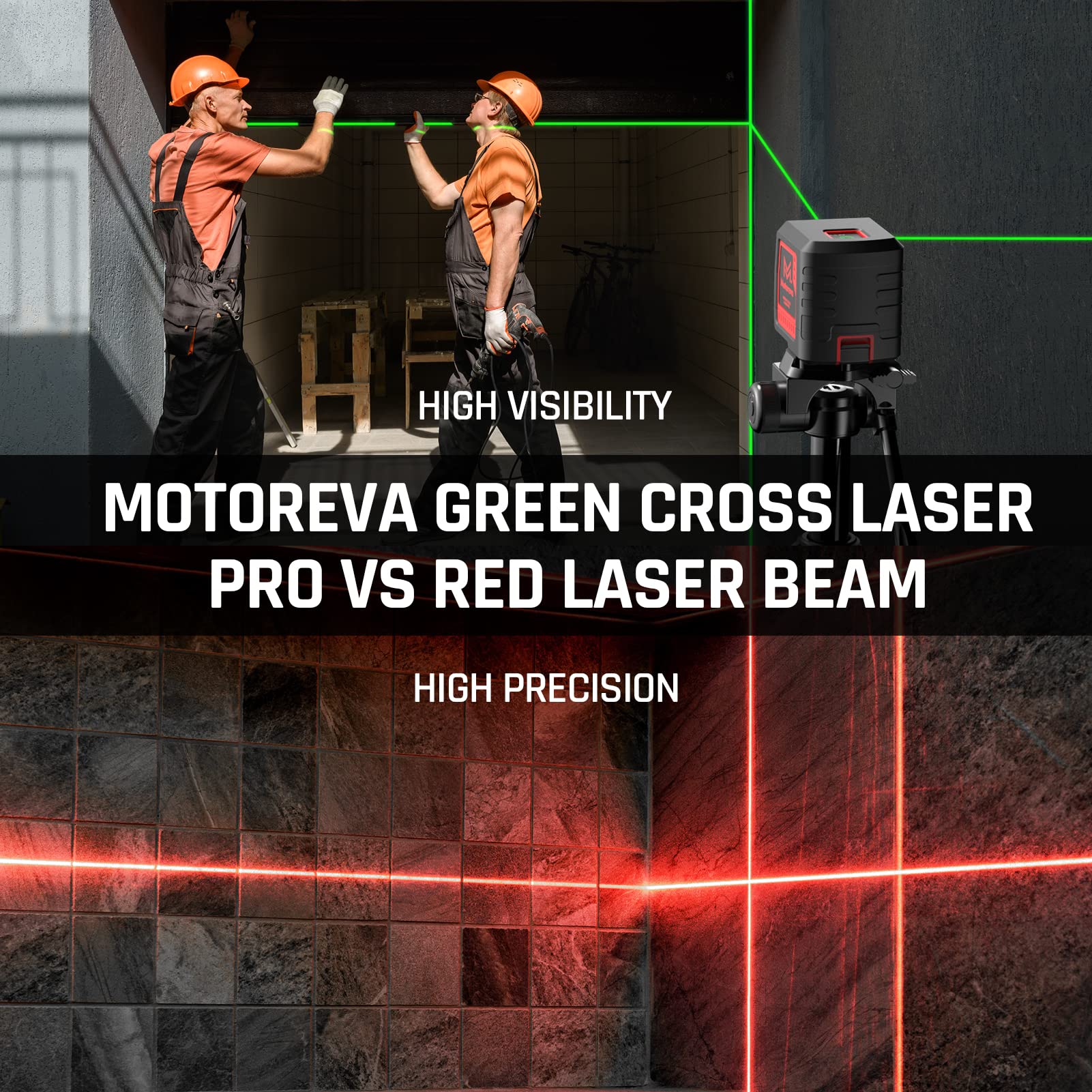 Motovera Laser Level, 100 feet Self Leveling Laser Level, Green Cross Line Self leveling, 4 Brightness Adjustment, Manual Self leveling and Pulse Mode, IP54 Waterproof Battery Carrying Bag Included